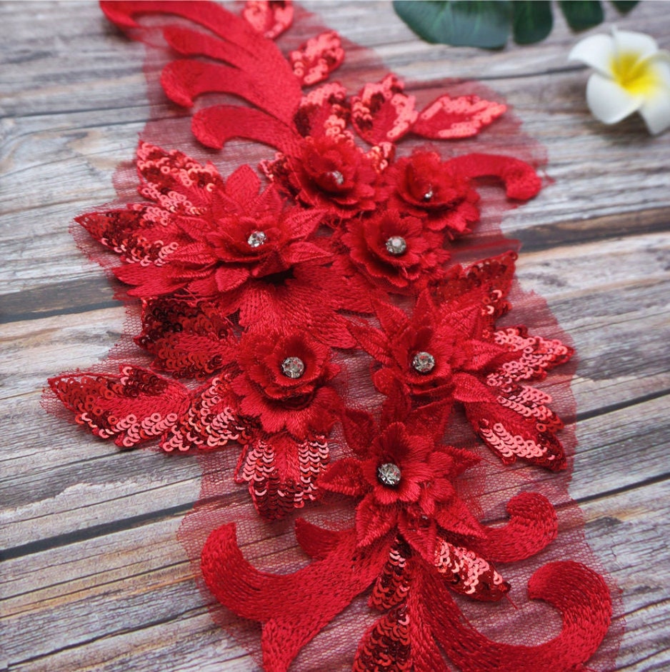 RED 3D Applique Embroidered Sequin Flowers and Rhinestones With Leaves ...