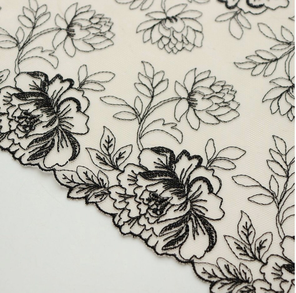 LIGHT NUDE Black Embroidered Lace Panel With Peonies - Etsy