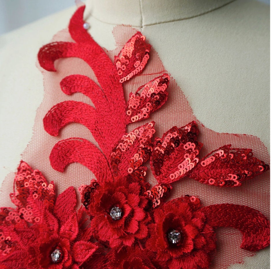RED 3D Applique Embroidered Sequin Flowers and Rhinestones With Leaves ...