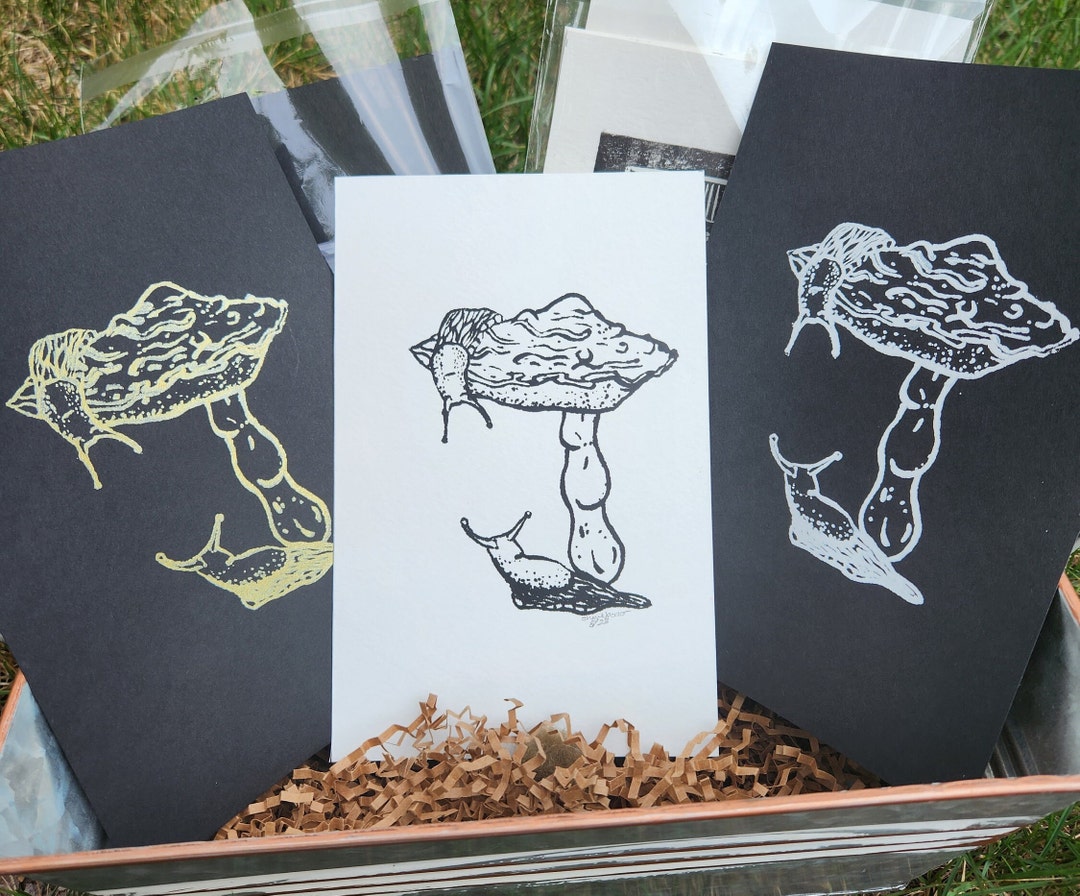 Hand Printed Slugs and Mushroom Print, Screen Printed Nature Wallart ...