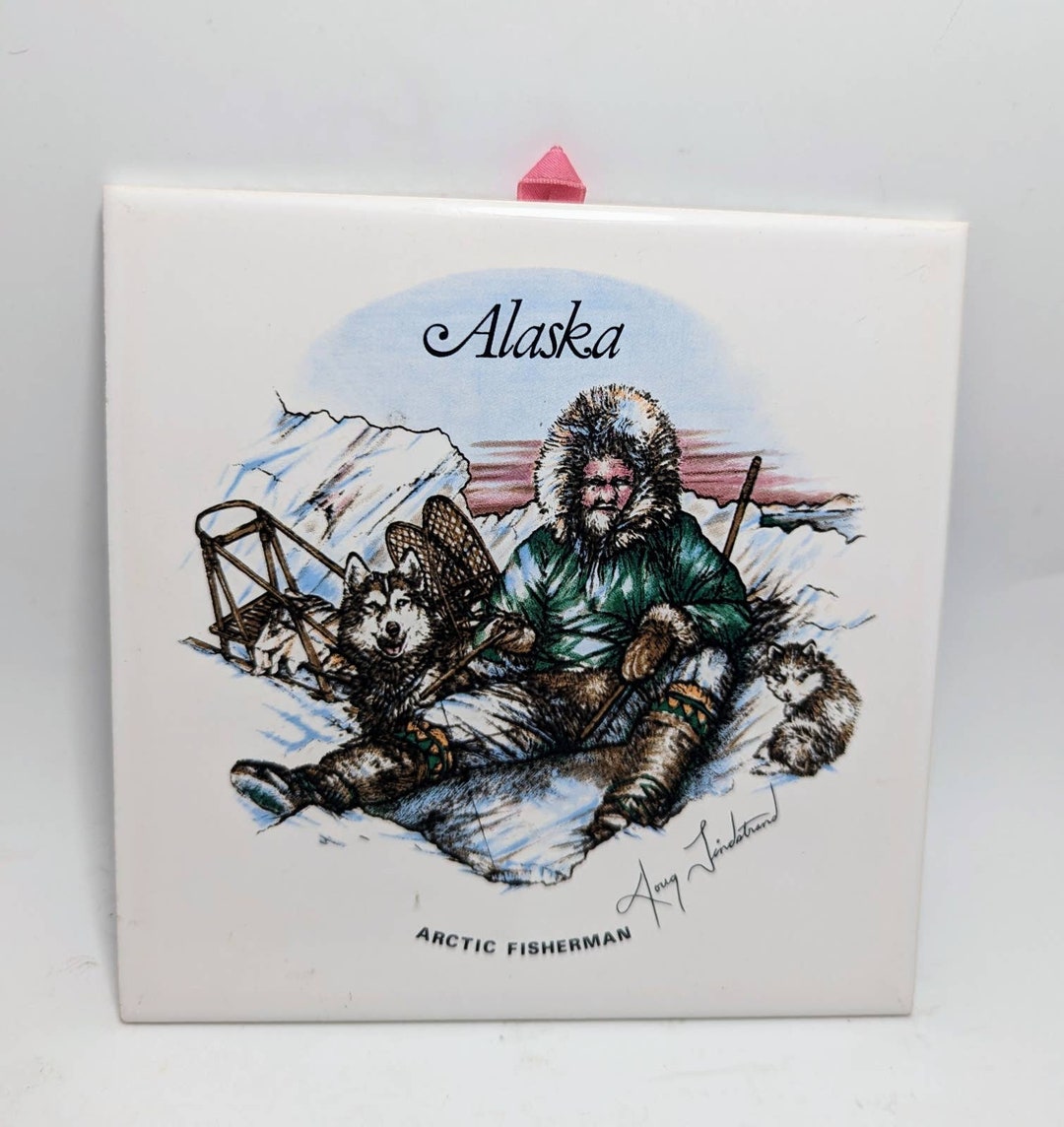 Vintage Doug Lindstrand Alaska Arctic Fisherman Tile Trivet Sled Dogs ...