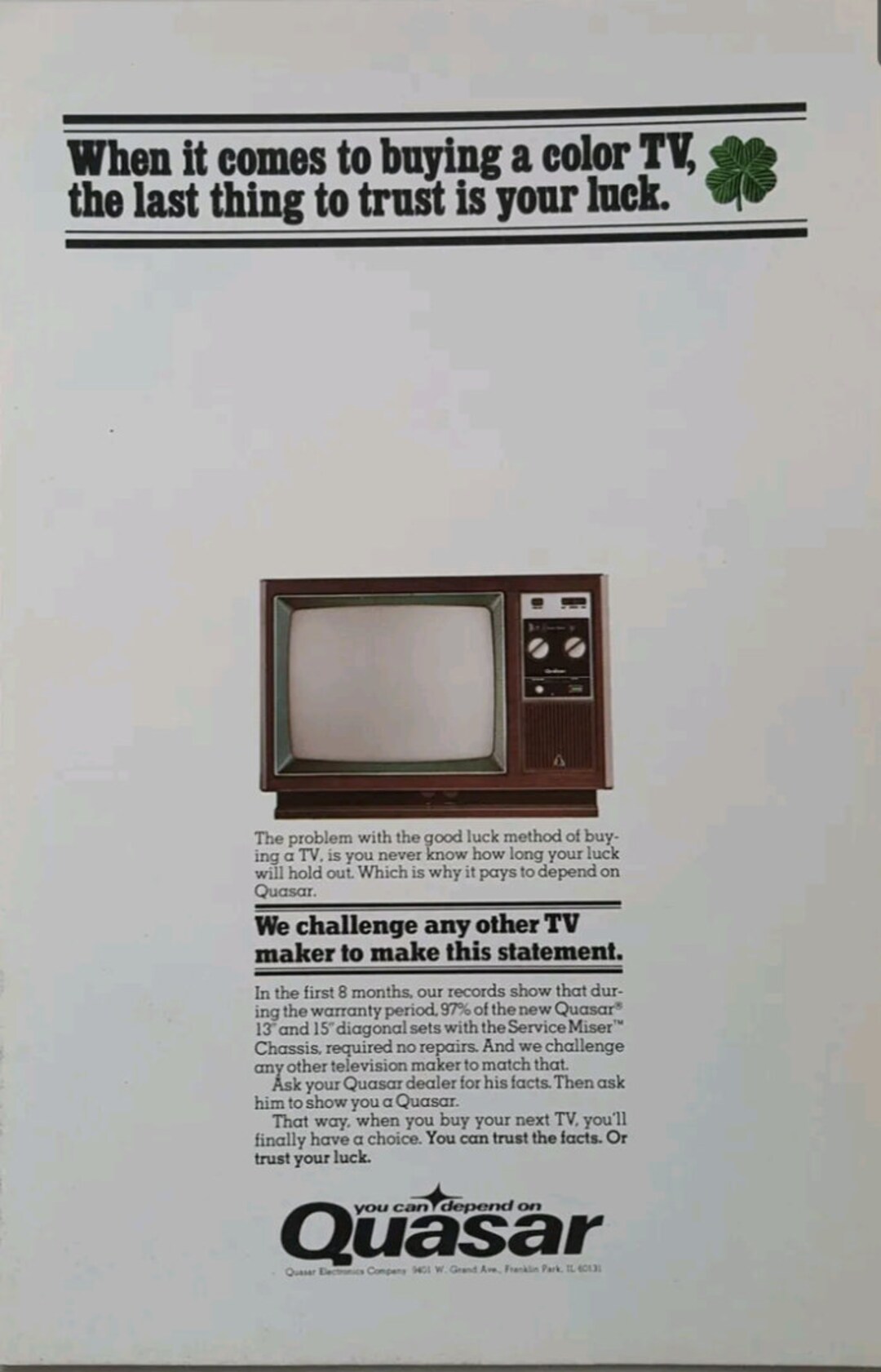 1976 Quasar Color Television 4 Leaf Clover Vintage Magazine Print Ad - Etsy