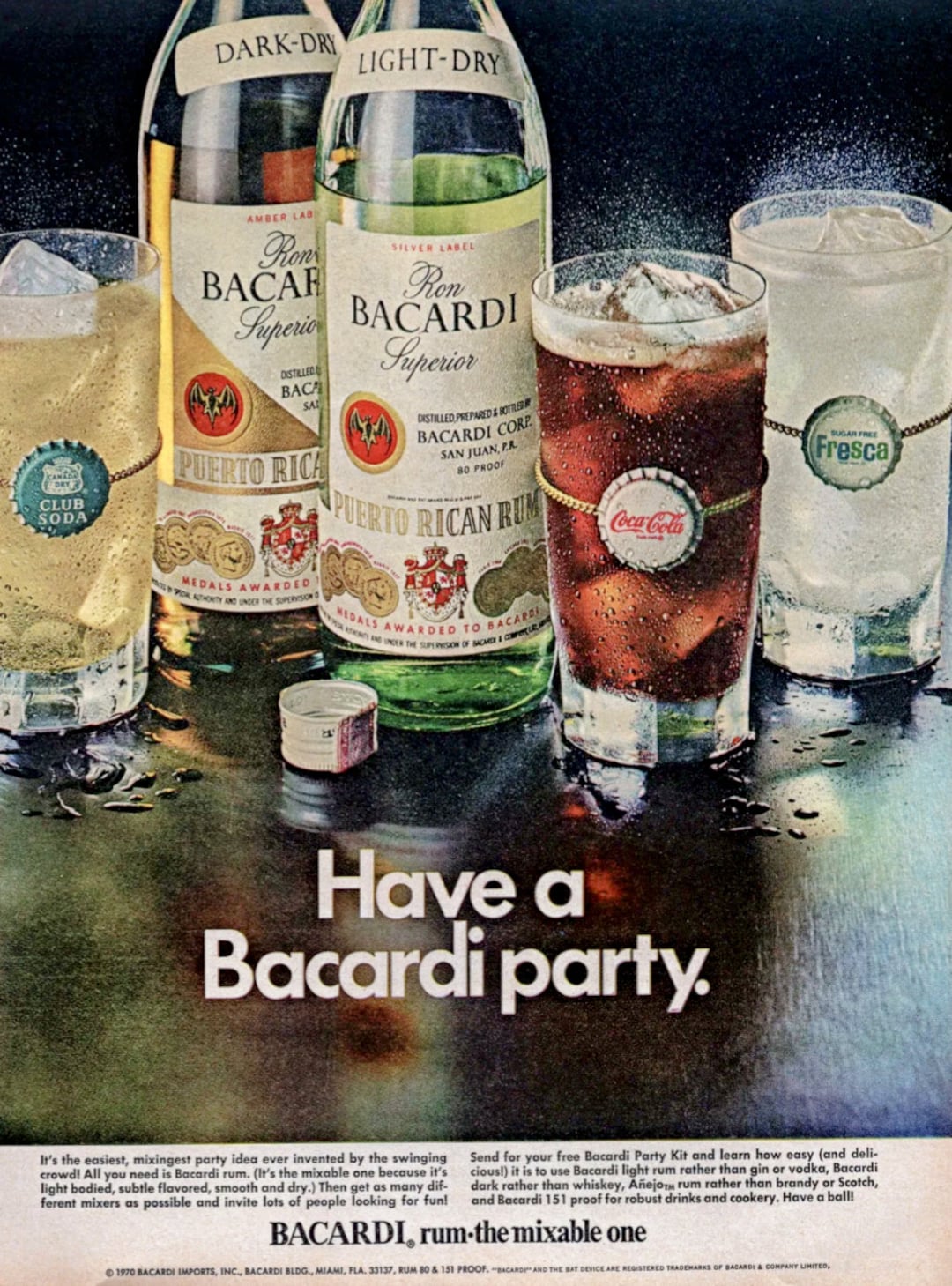 1970 Bacardi Party Rum Vintage Print Ad Coca Cola Club Soda Drink - Etsy