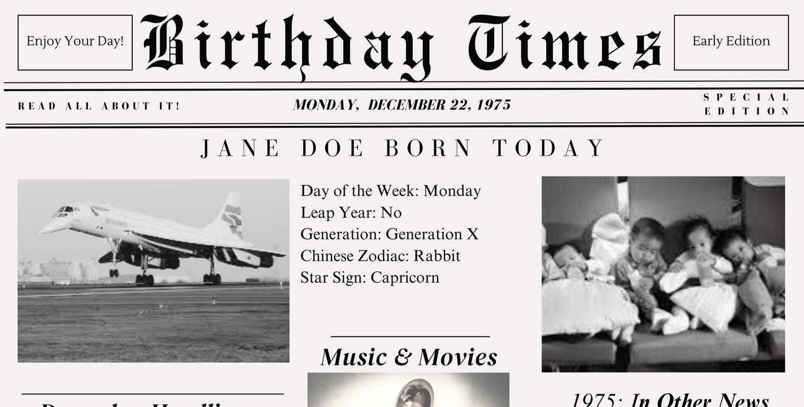 The Birthday Times Personalized on the Day You Were Born Newspaper ...