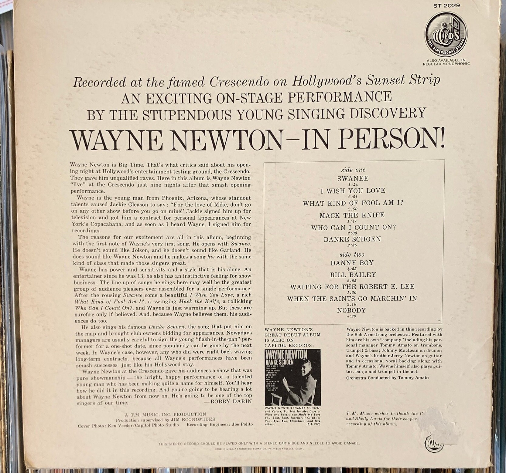 1964 Wayne Newton – in Person! Live Album, Mack the Knife, Danke Schoen ...