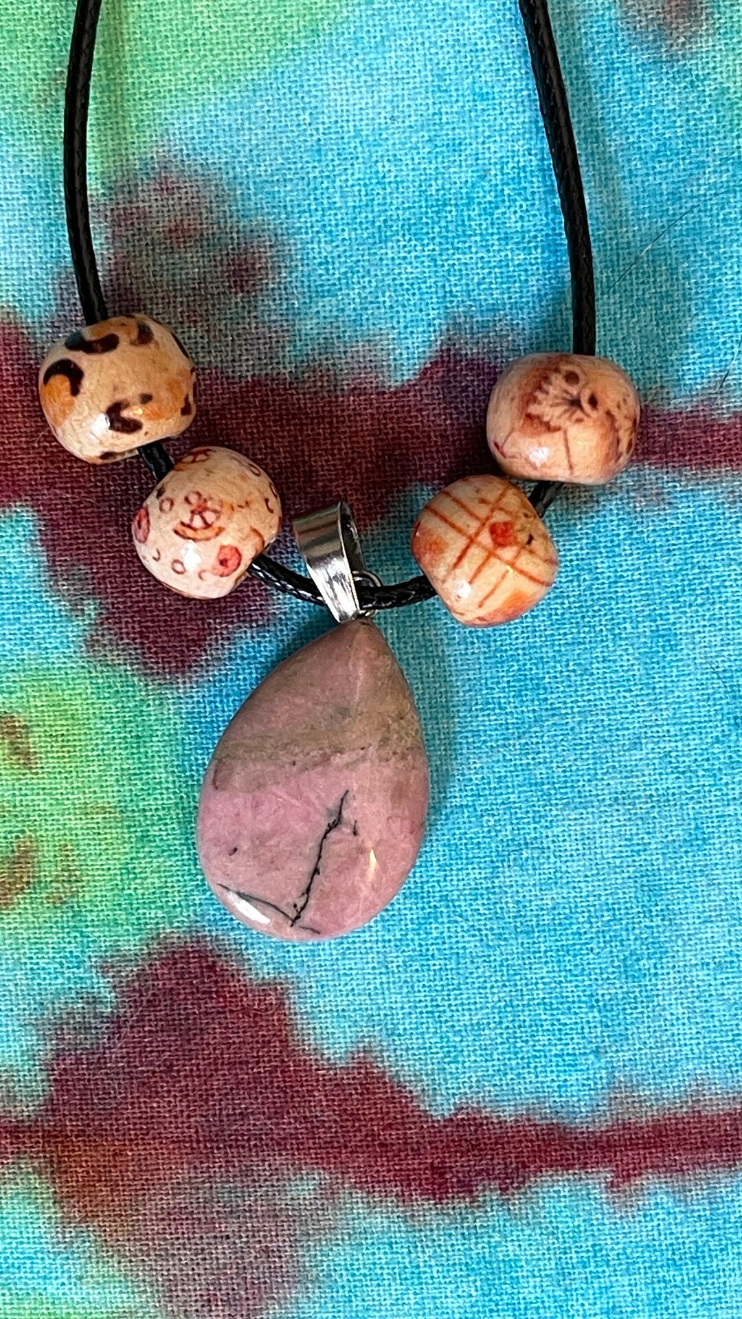 Peach Blossom Jade / Rhodonite Crystal Necklace / Black Cord/ Wood ...