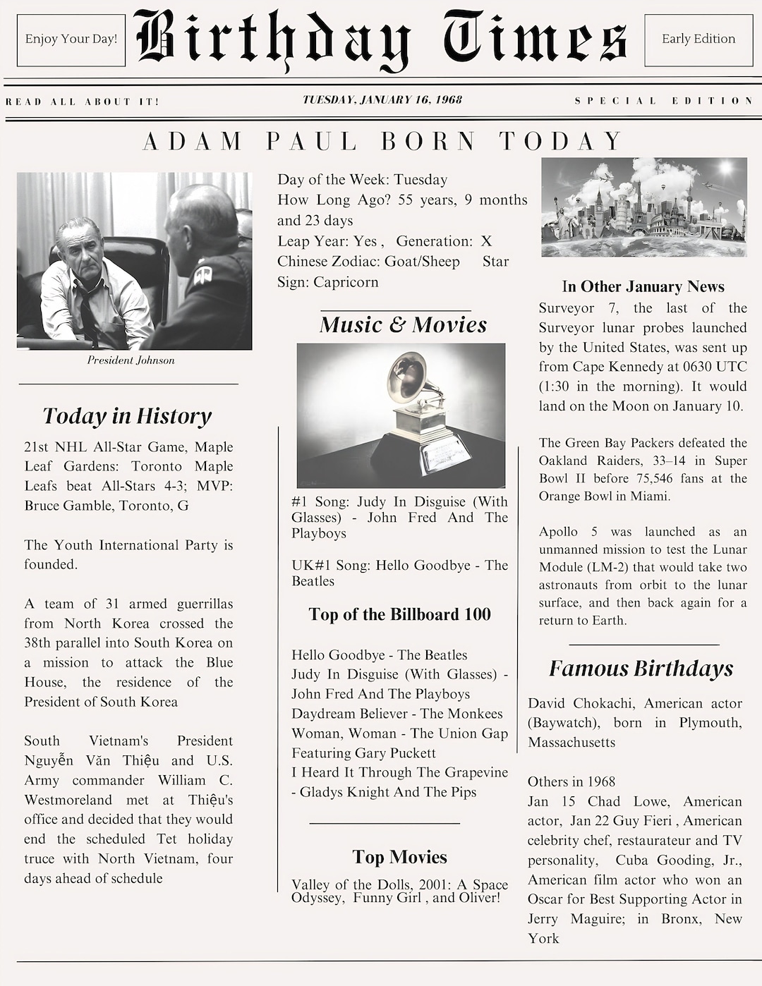 The Birthday Times Personalized on the Day You Were Born Newspaper ...
