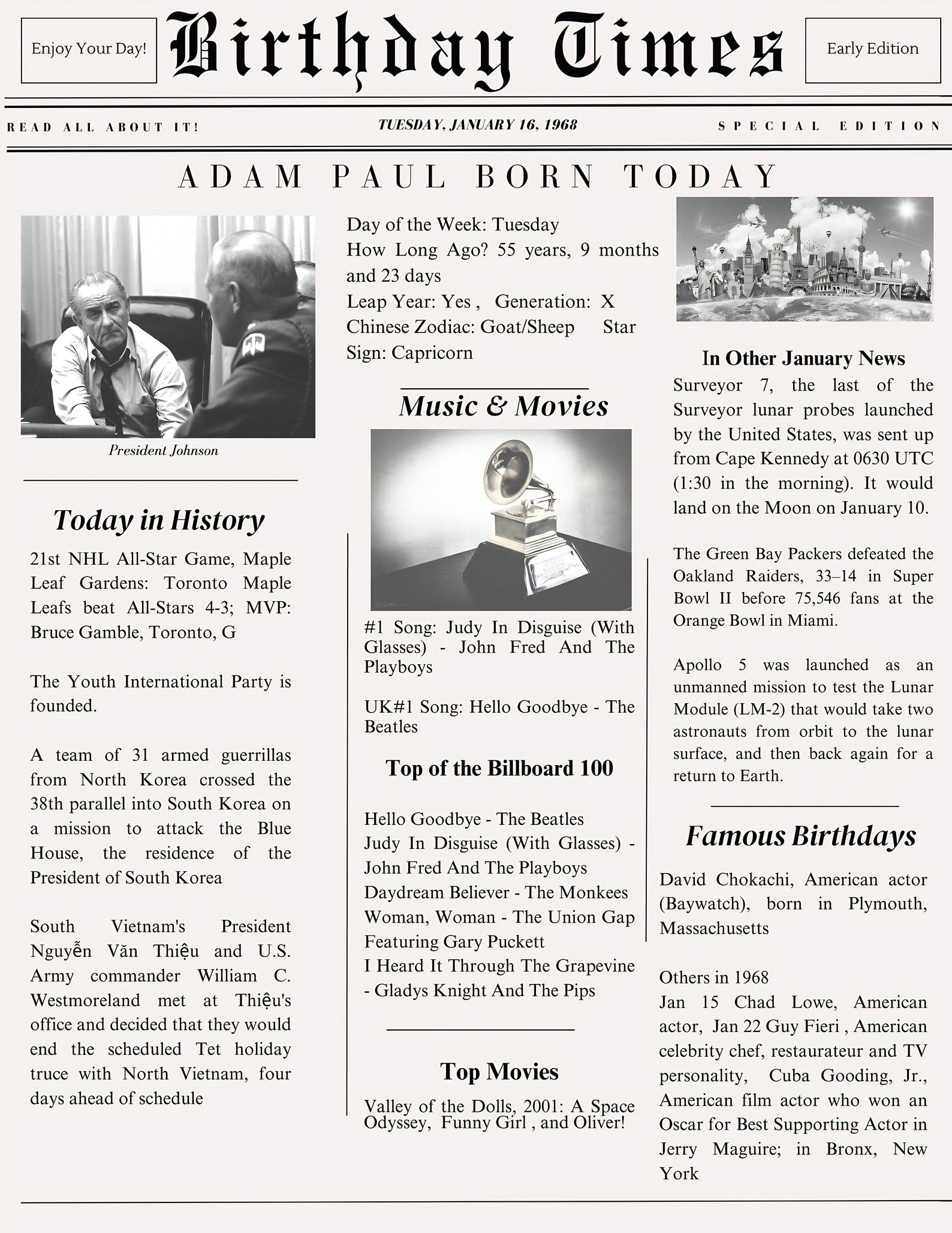 The Birthday Times Personalized on the Day You Were Born Newspaper ...