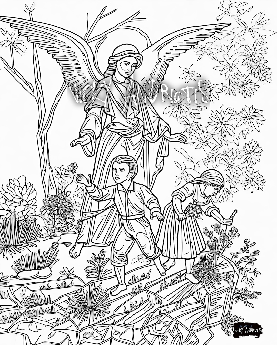 Guardian Angel and Children Coloring Page Sunday School Handouts ...