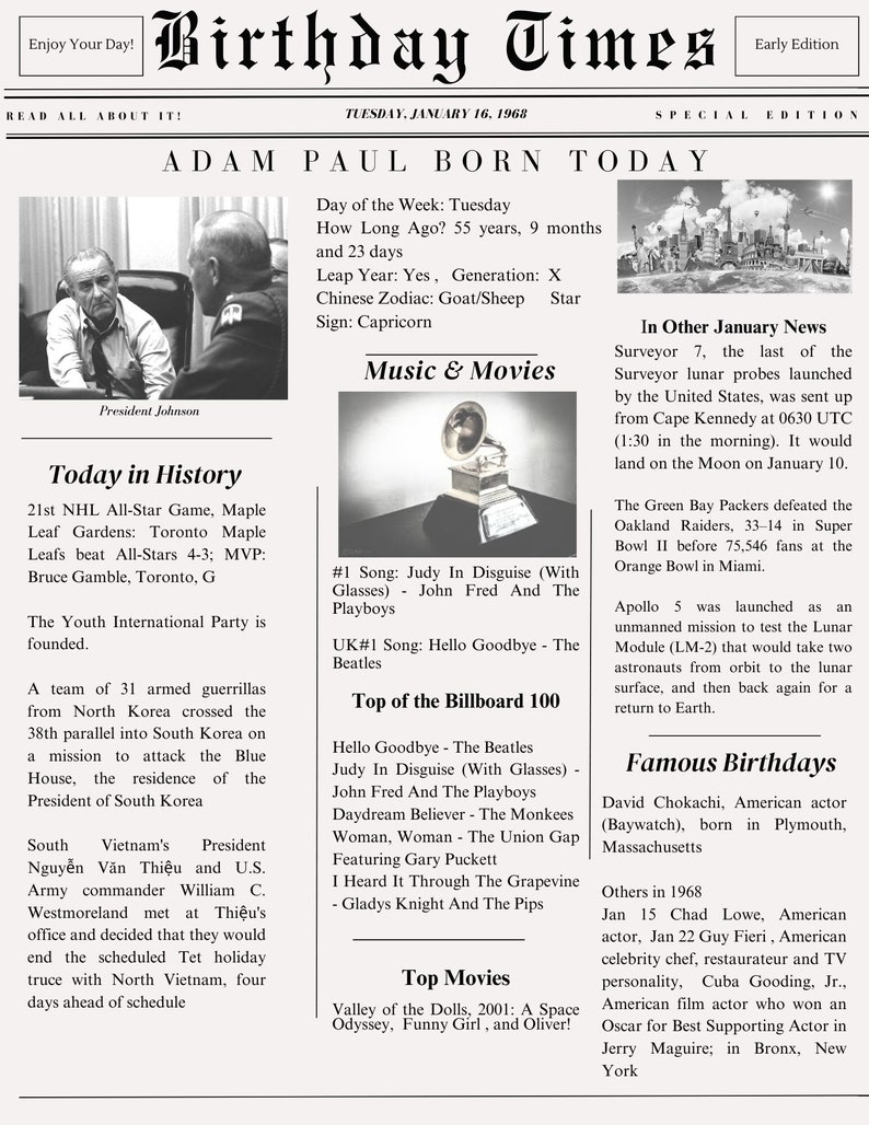 The Birthday Times Personalized on the Day You Were Born Newspaper ...