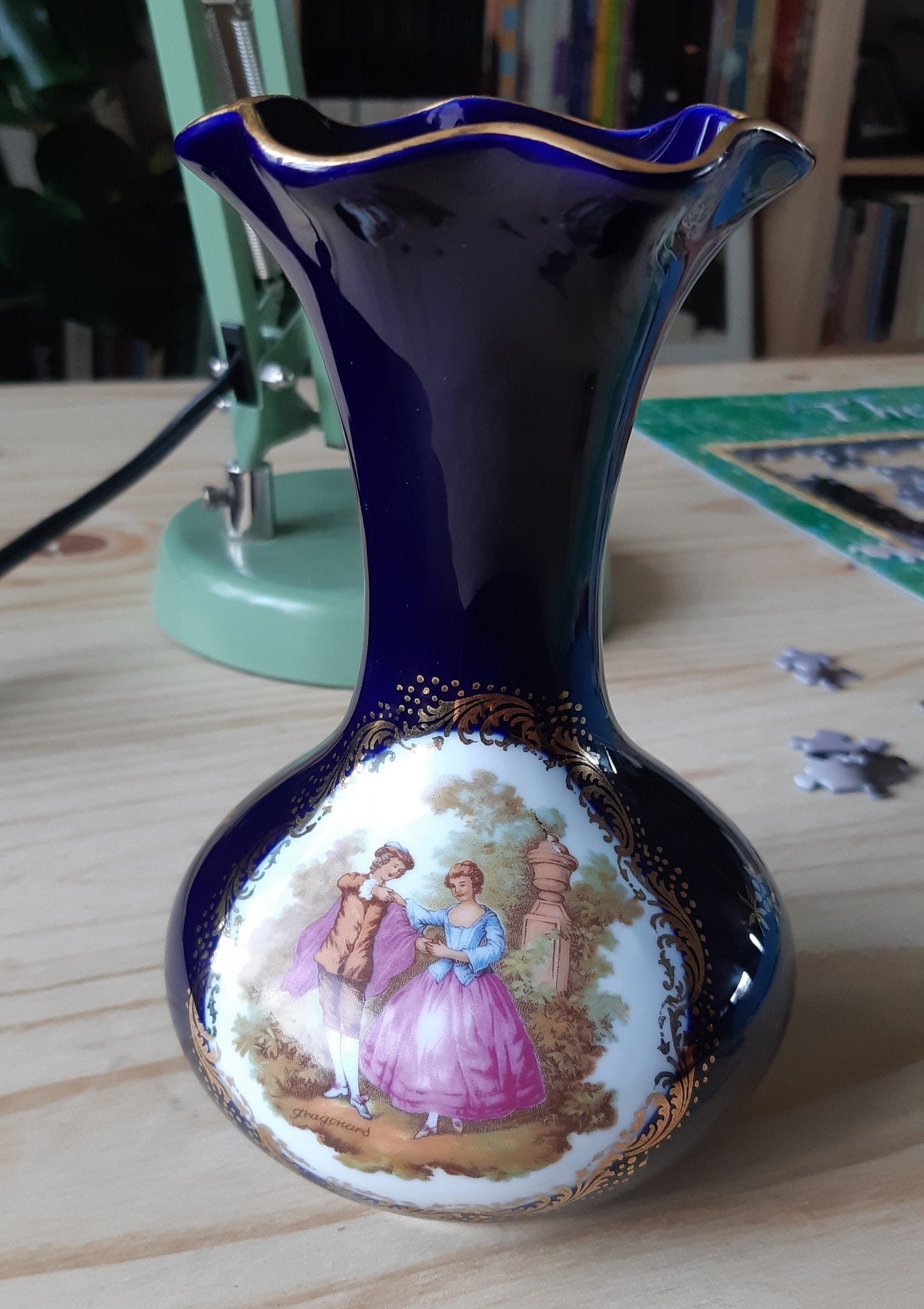 Vintage Limoges Castel Cobalt Blue 22K Fragonard Style Porcelain Vase W ...
