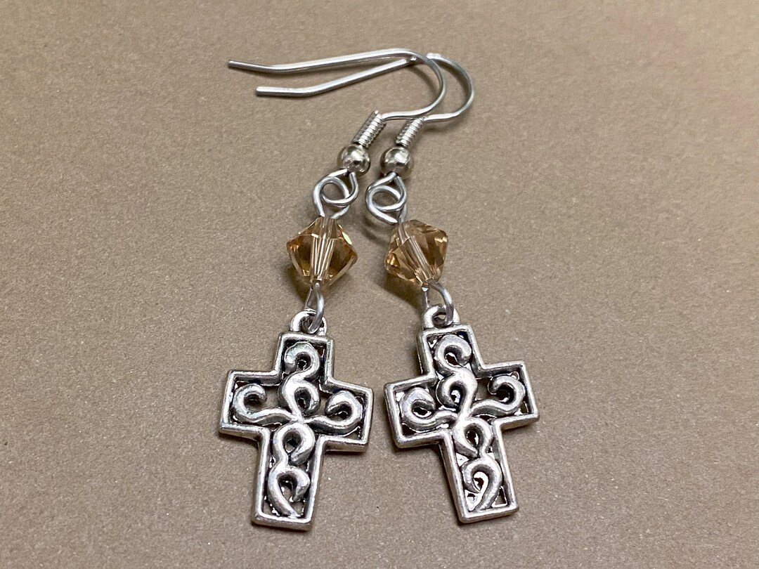 Colorado Topaz Swarovski Scrollwork Cross Earrings Medieval Earrings Dangle Earrings Handmade ...