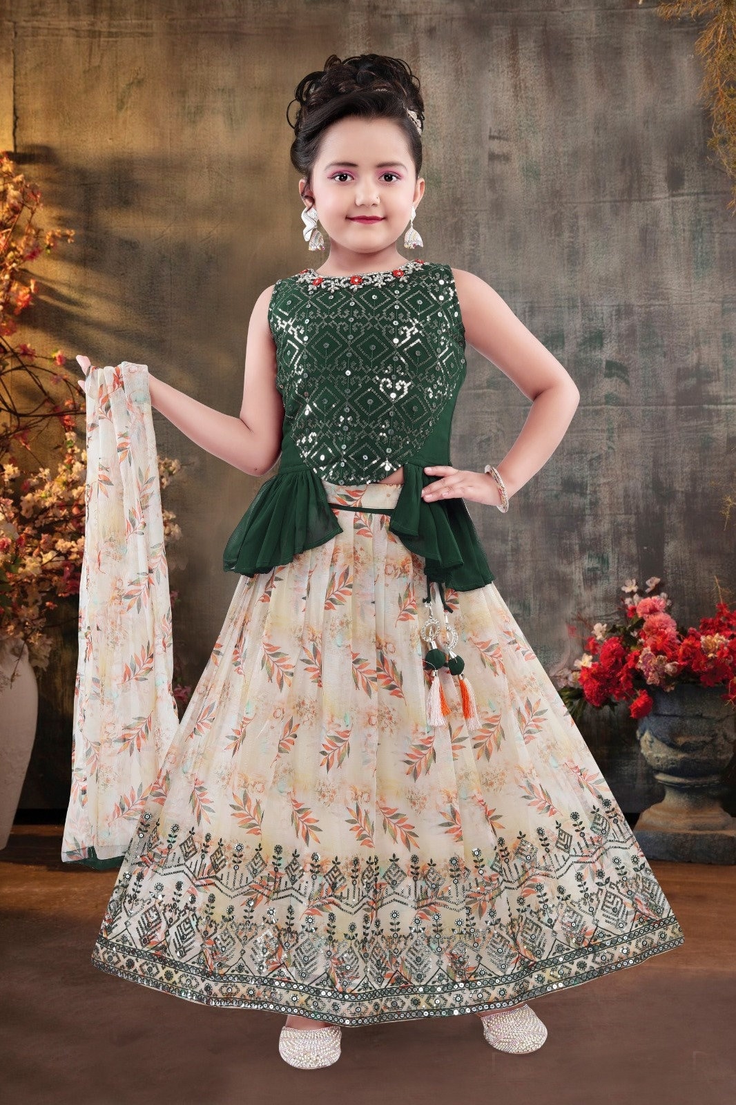 Girls Lehenga Choli Ethnic Party Wear 2-8 Yrs Green- off White Lehenga ...