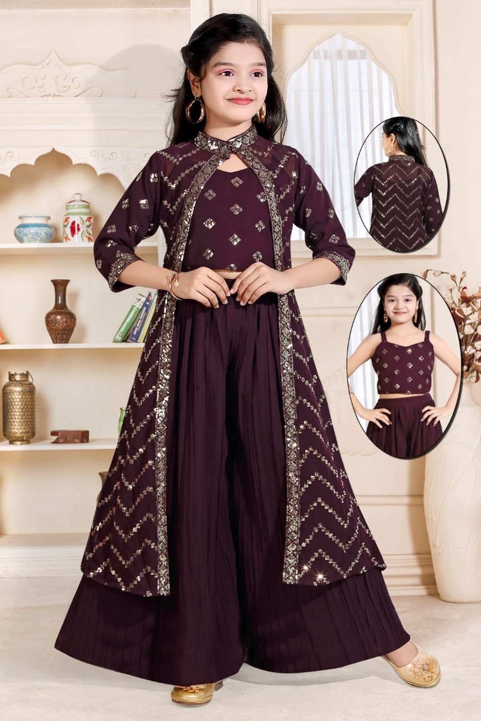 Girls Brown Sharara Salwar Kurta With Dupatta Indian Ethnic Party Wear ...