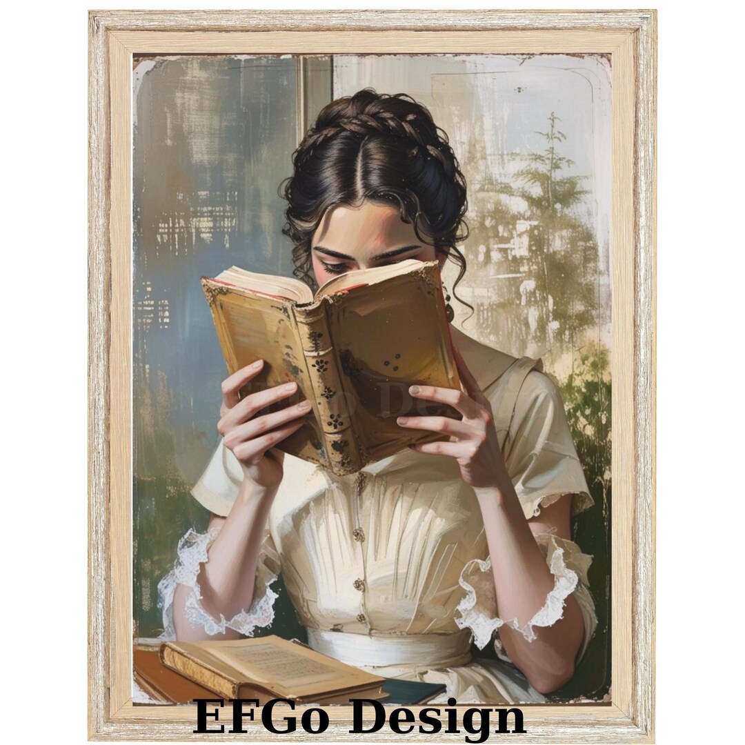 Vintage Eclectic Reading Girl Portrait, Antique Woman Reading Portrait ...