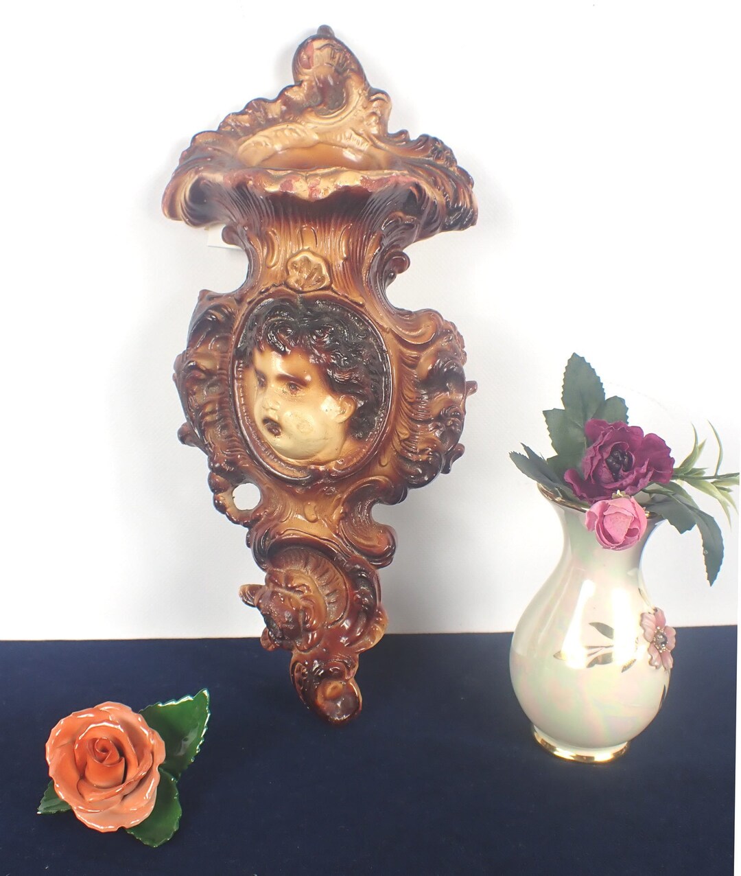 Baroque Holy Water Container Angel Face Artificial Stone for Hanging 34 ...