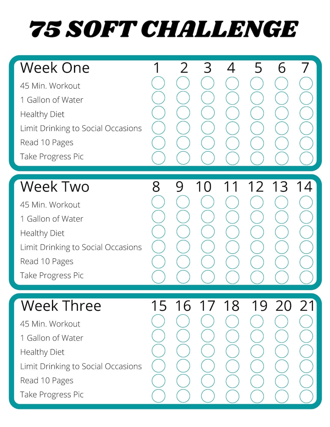 75 Soft Challenge/ Fitness Challenge/ Printable/ Instant Download/ Teal ...