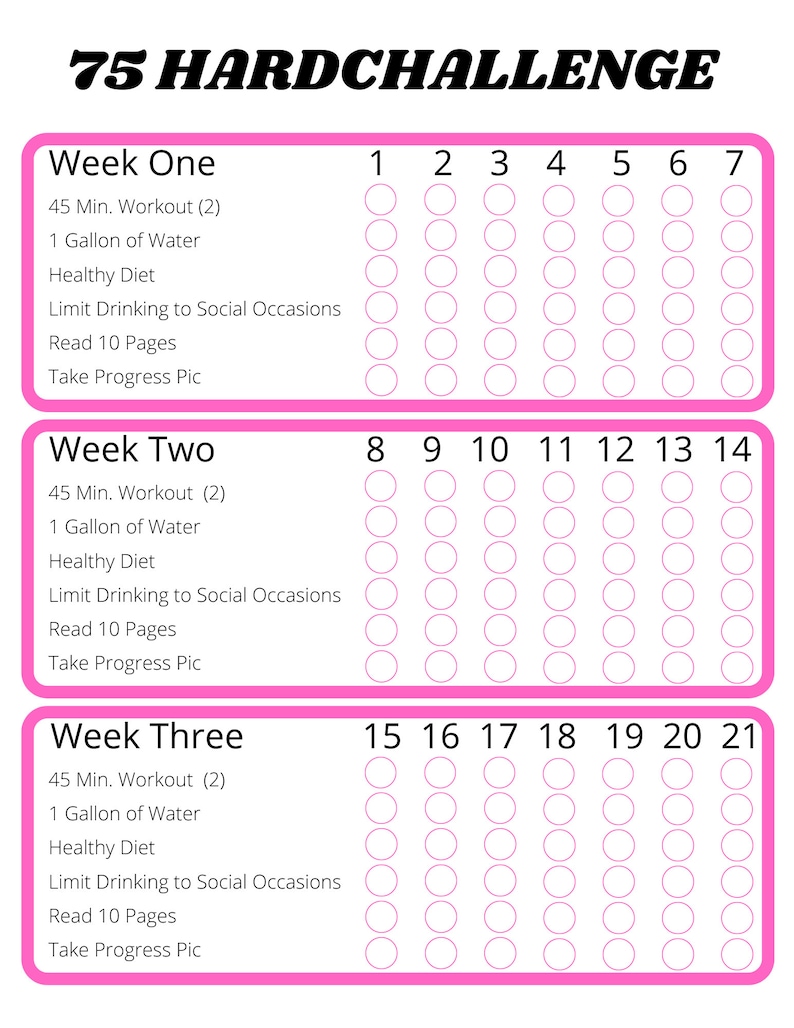 75 Hard Challenge/ Fitness Challenge/ Printable/ Instant Download/ Pink ...