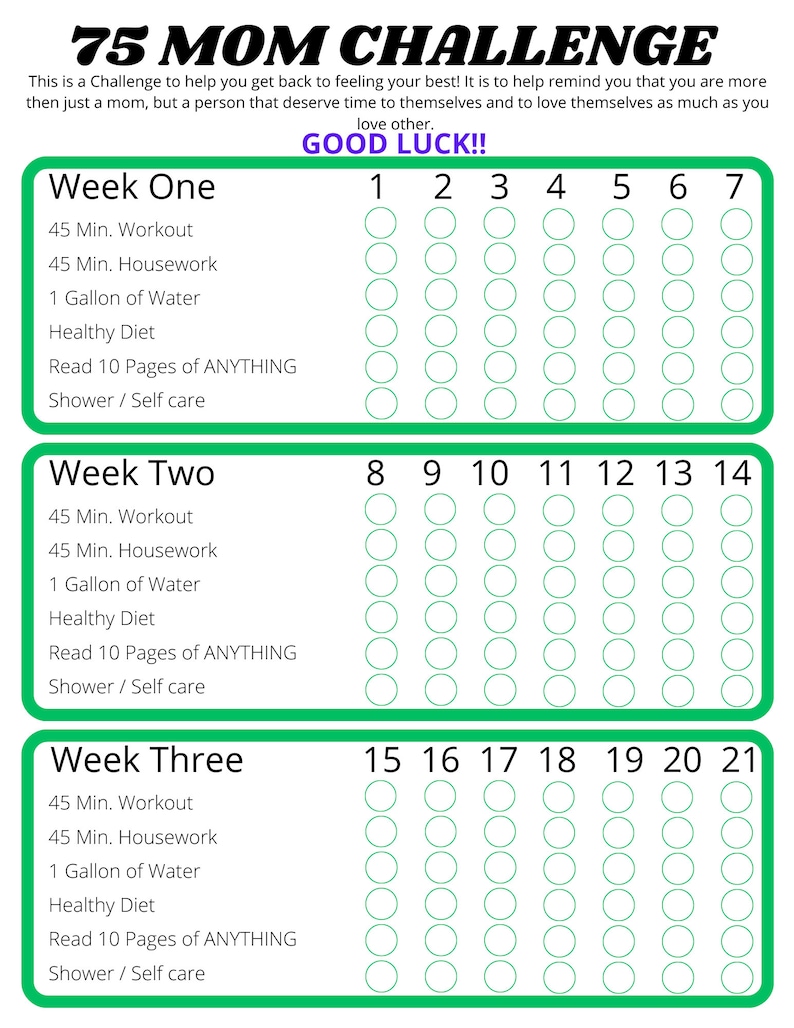 75 Mom Challenge/ Fitness Challenge/ Printable/ Instant Download/ Green ...