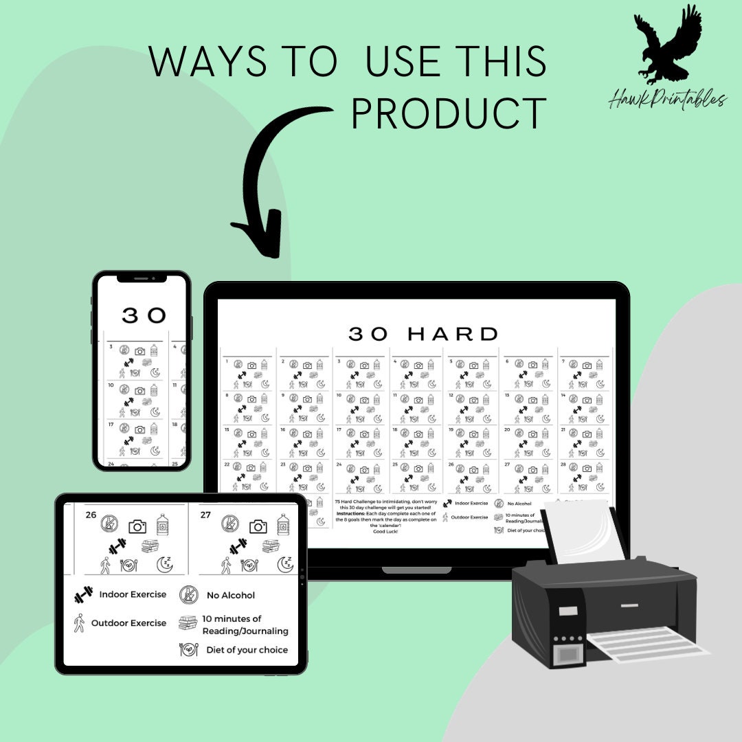 30 Day Hard Challenge/ Work Out Guide/ Fitness Challenge/ Digital ...