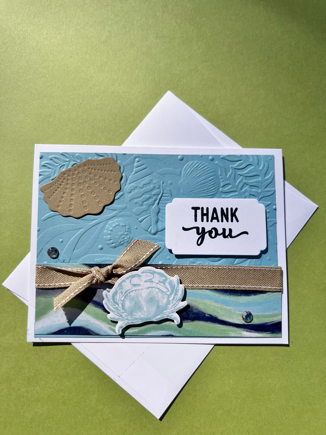 Thank You Card, Beach Theme, Crab, Ocean, With Brown Ribbon, Clam, Sea ...
