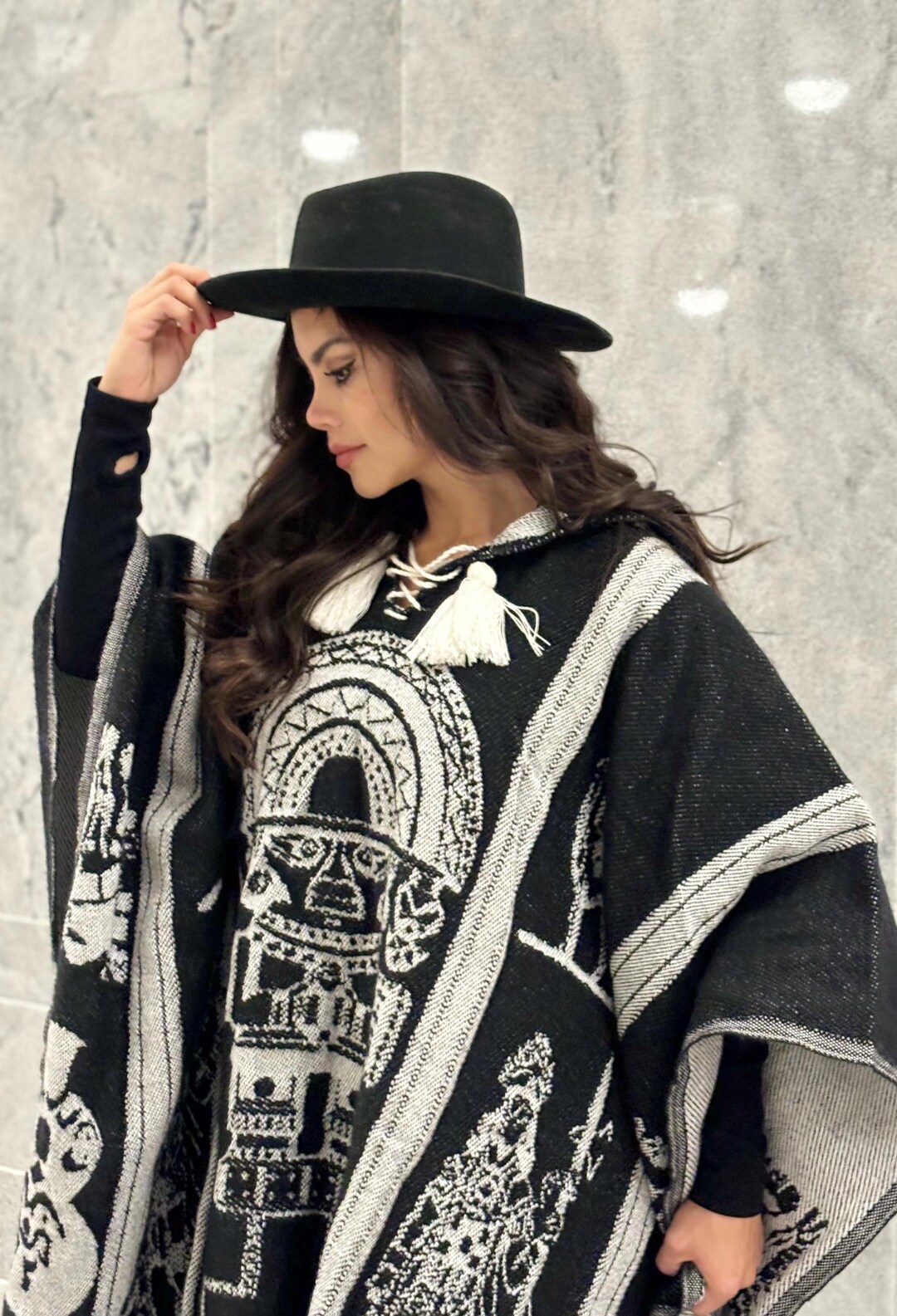 Black Peruvian Poncho With Inca Designs. White Details With Andean ...