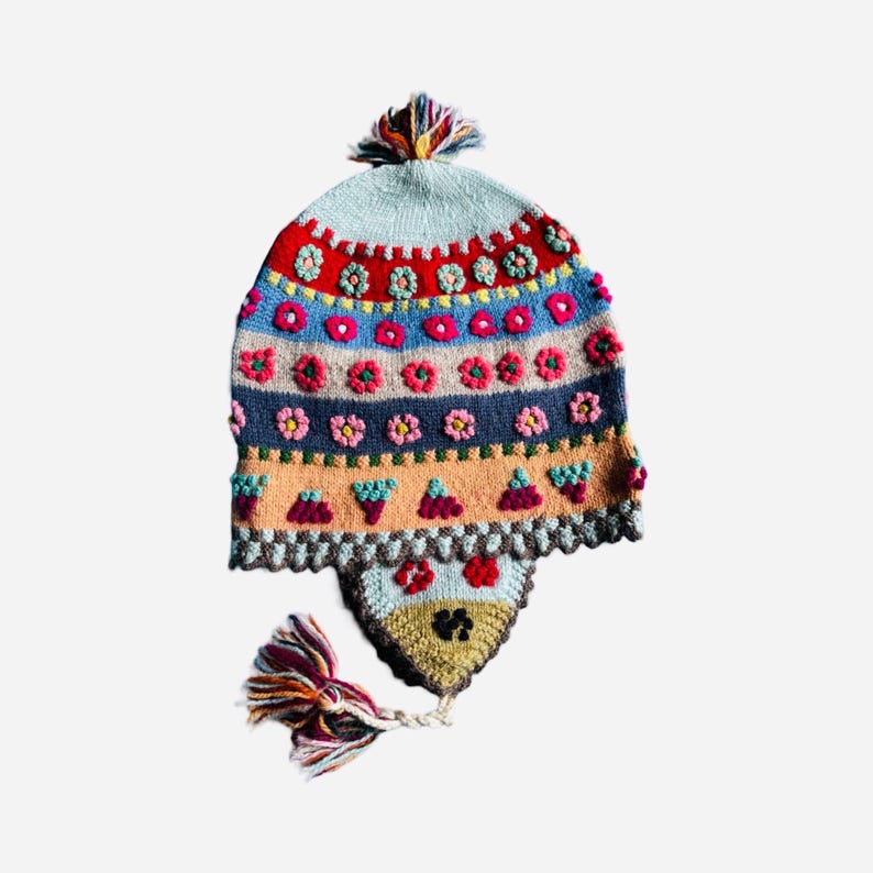 Handknit Peruvian Sheep Wool Beanie: Embroidered Floral Llama Design - Etsy