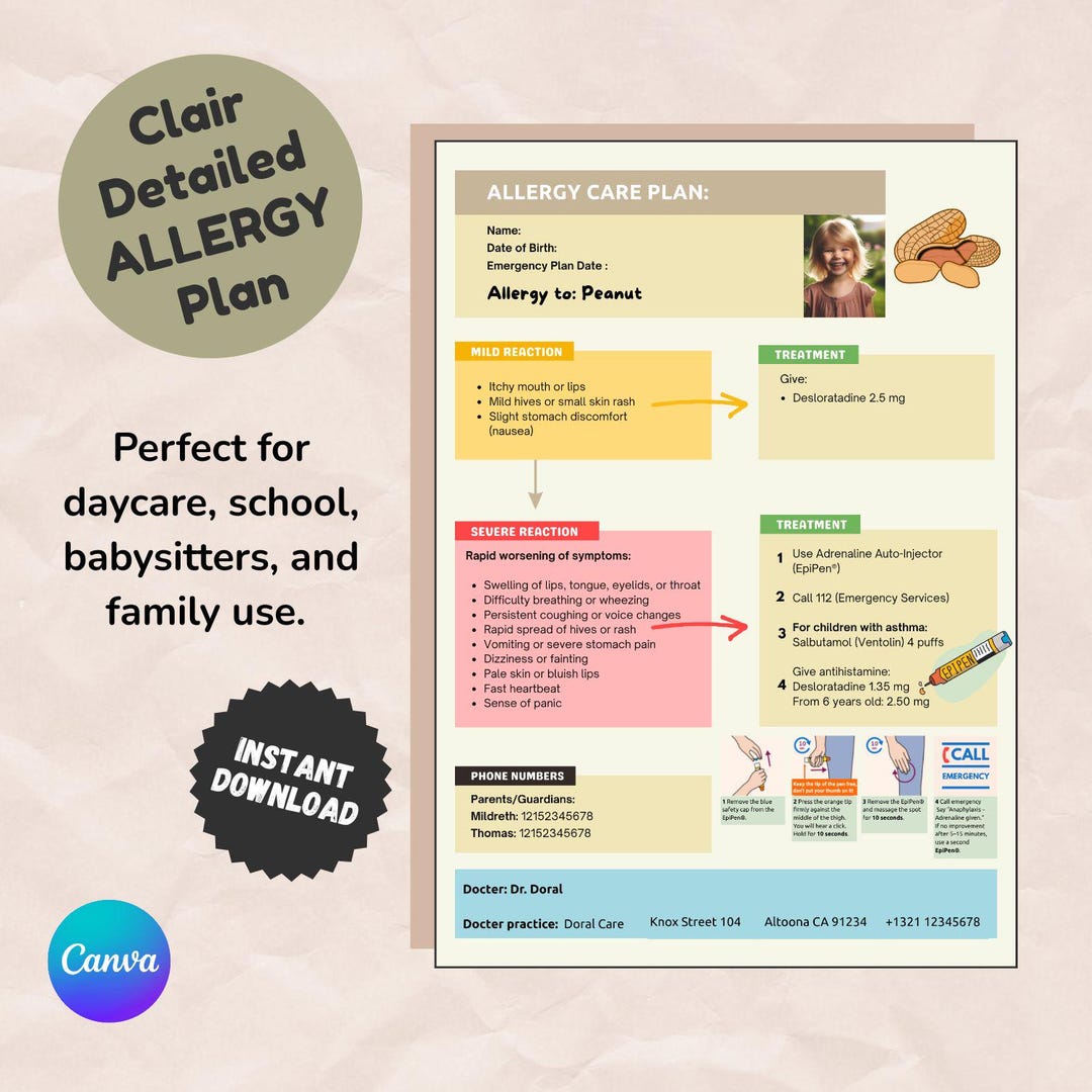 Emergency Allergy Action Plan Printable: Child-friendly Peanut Allergy ...