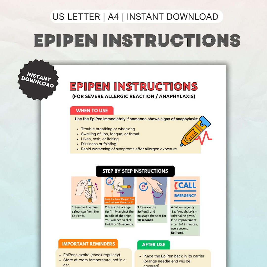 Epipen Instructions One Page Guide, Anaphylaxis Emergency Steps, Severe Allergy Action Plan ...