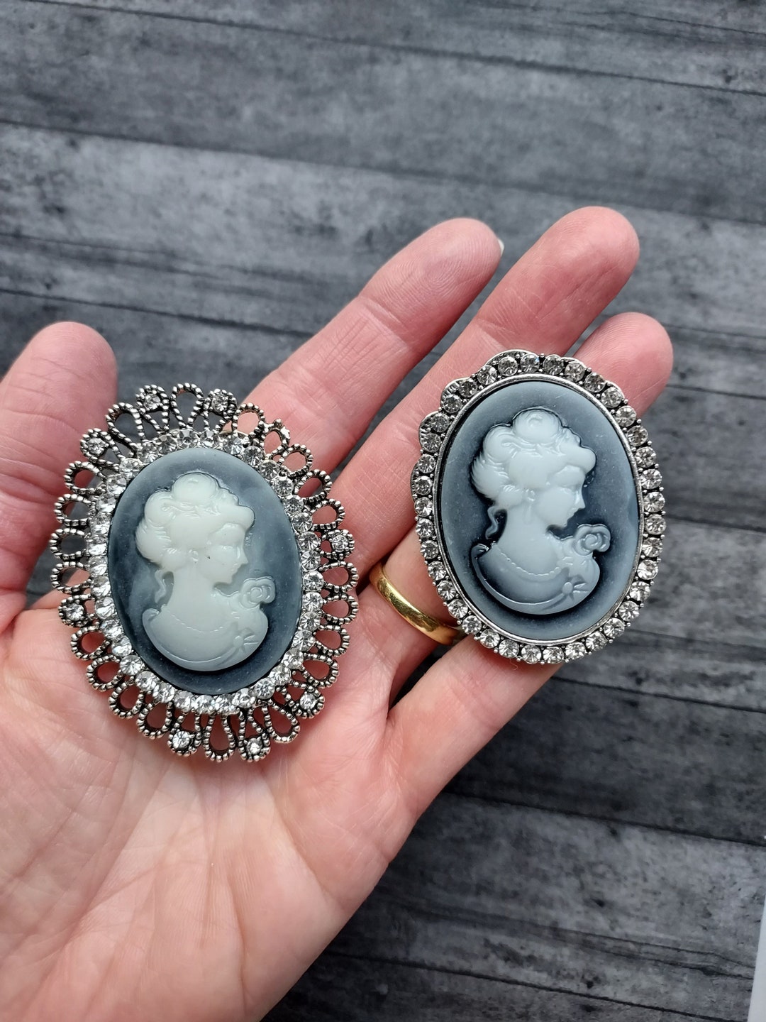 MAGNETIC Cameo Brooch, Black, Cream With Silver Rhinestone Framing ...