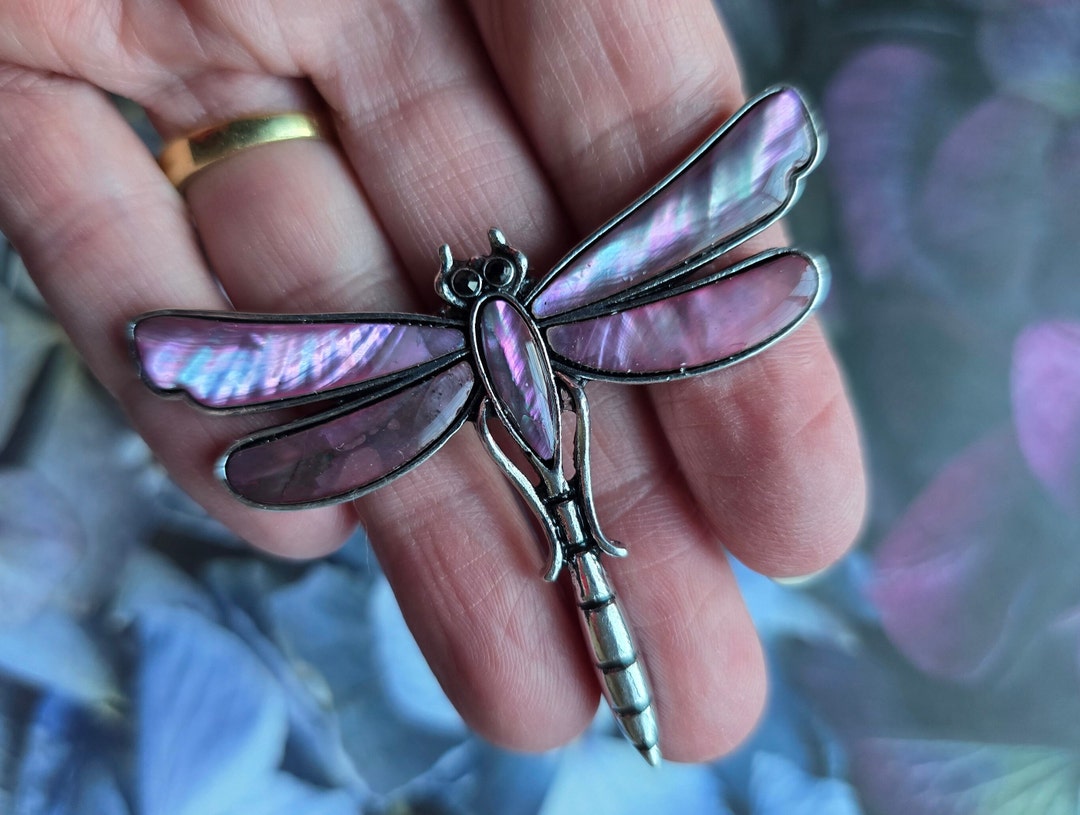 Abalone Shell Magnetic Dragonfly Brooch, Purple Shell, Set in Brushed ...