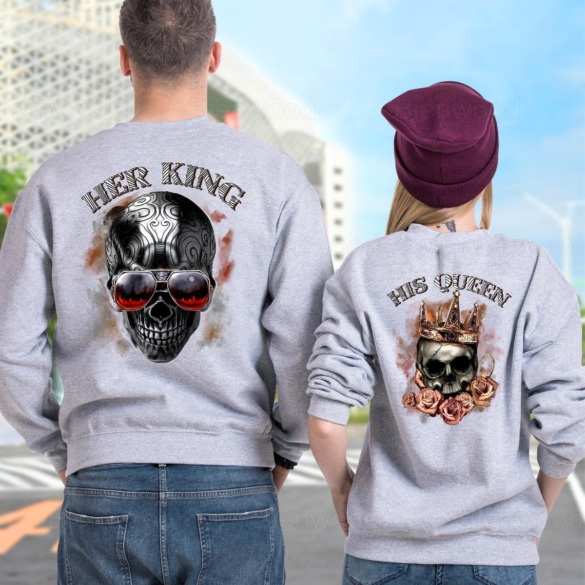 Valentine Ts Her King His Queen Couple Hoodies Skull Etsy