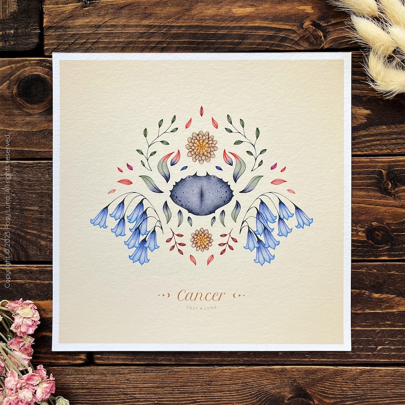 Cancer Art Print Star Sign Zodiac Astrological Floral Botanical ...