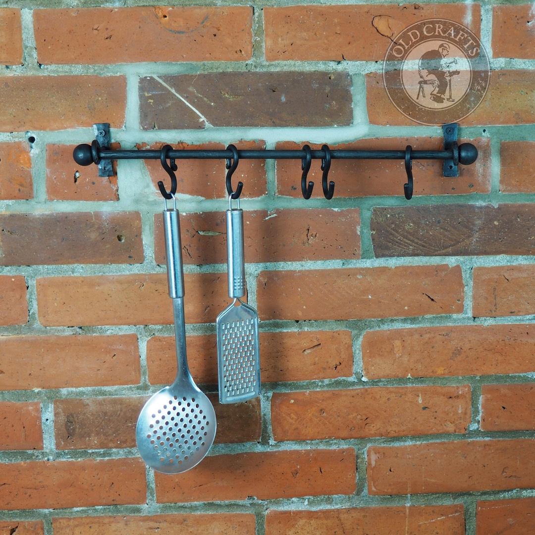 Wrought Iron Pot Rack, Rustic Wall Mounted Kitchen Hook Holder, Hand ...