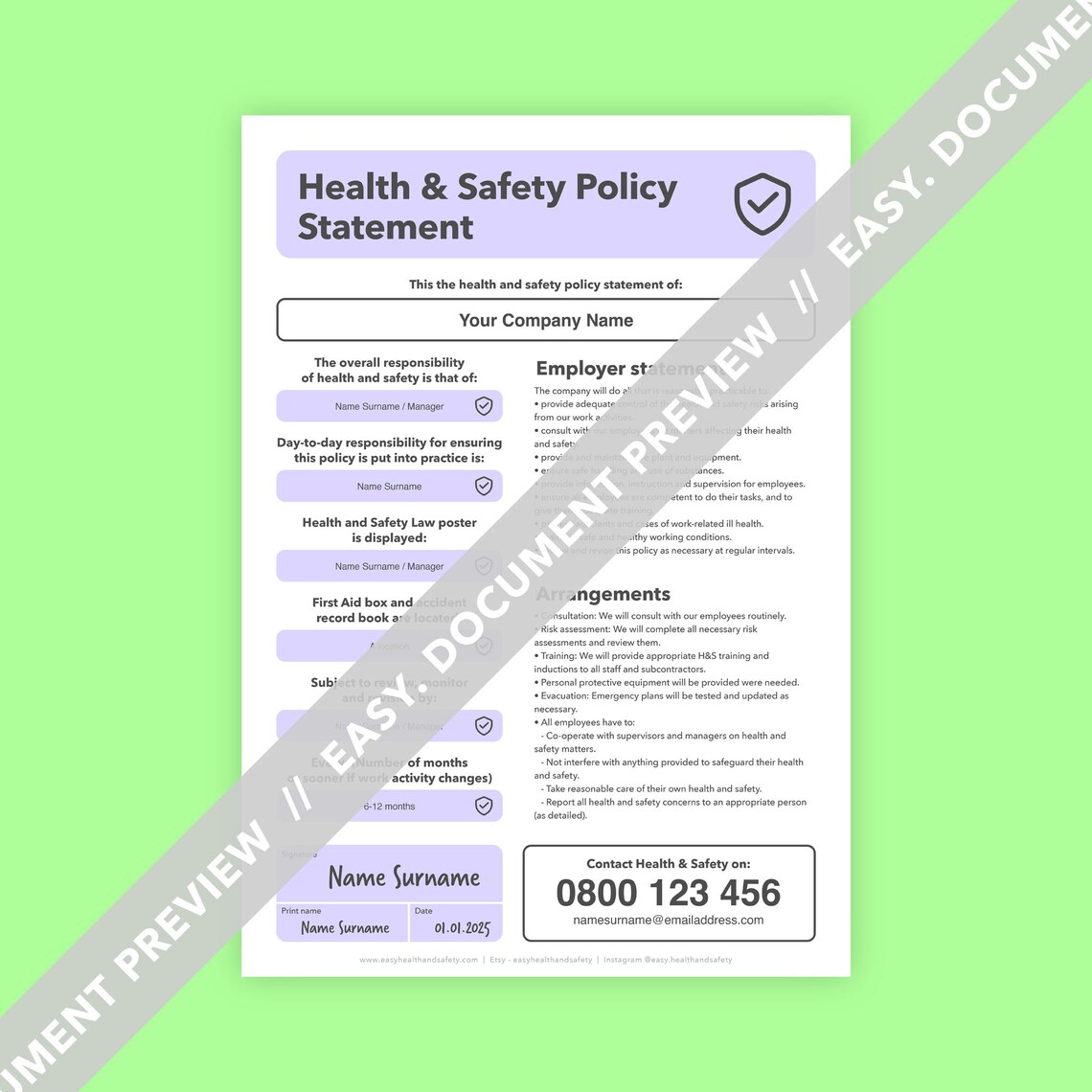 Health and Safety Policy Statement Template Form for Small - Etsy