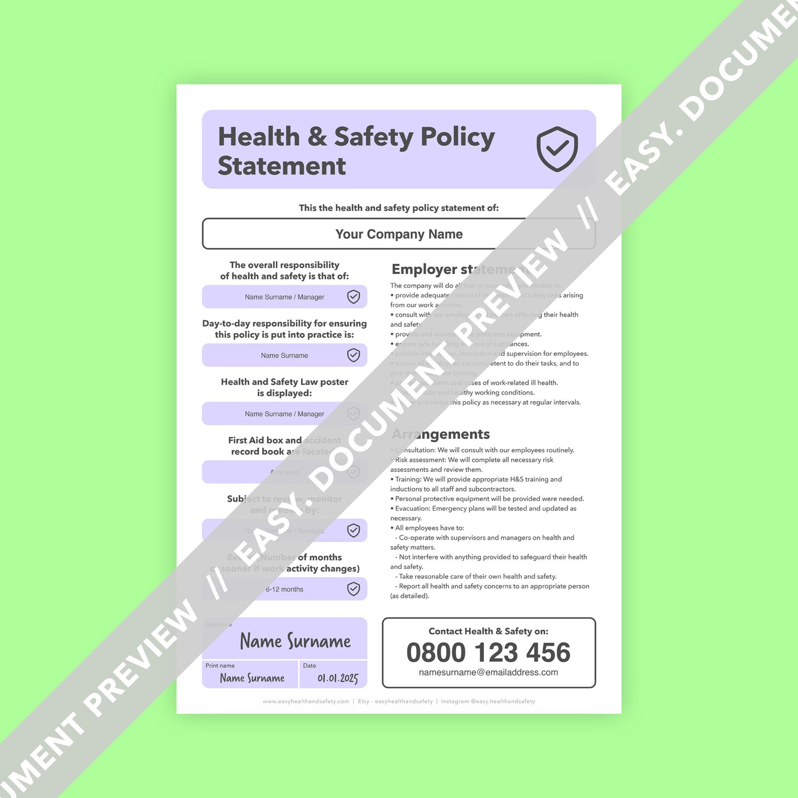 Health and Safety Policy Statement Template Form for Small - Etsy