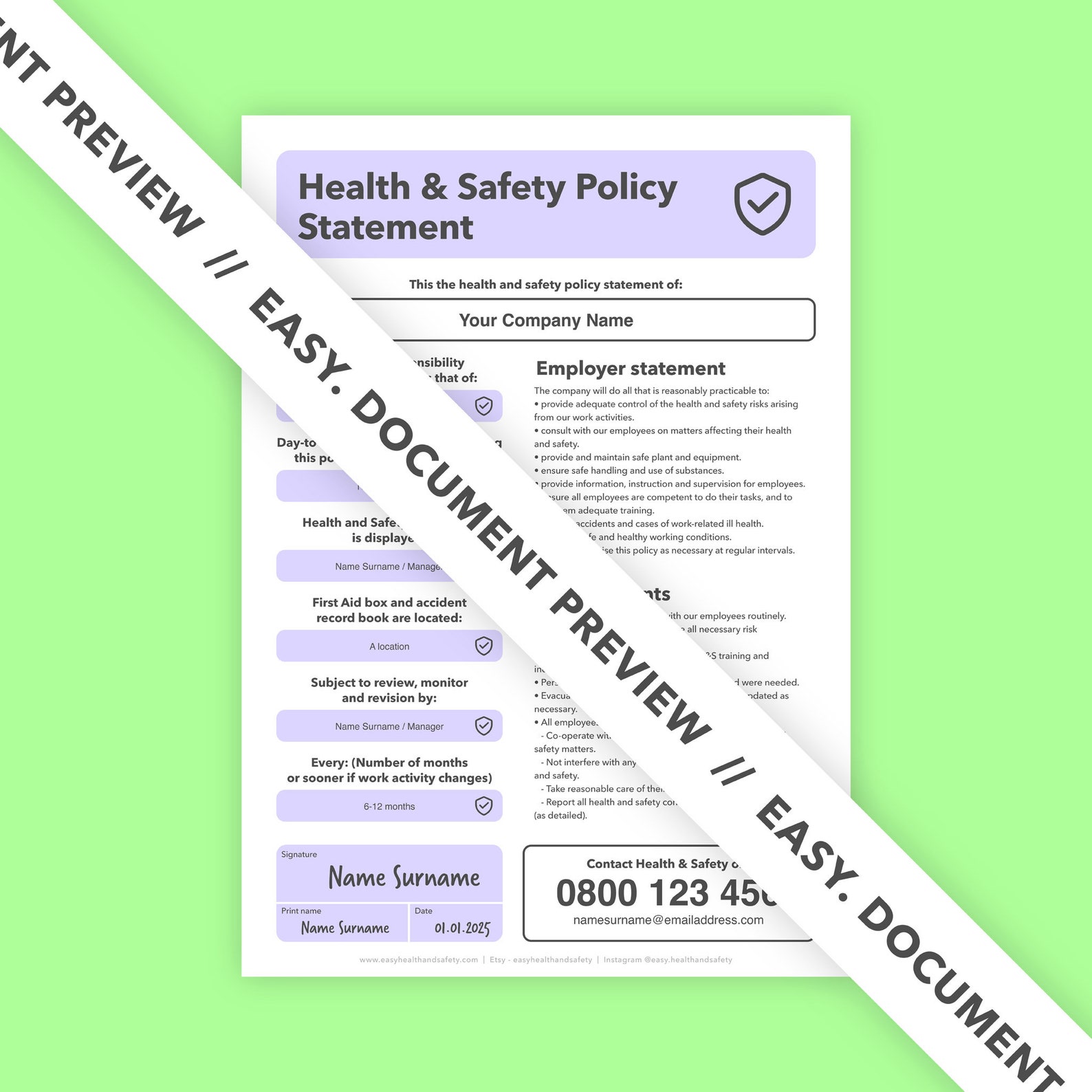 Health and Safety Policy Statement, Template Form for Small Business ...