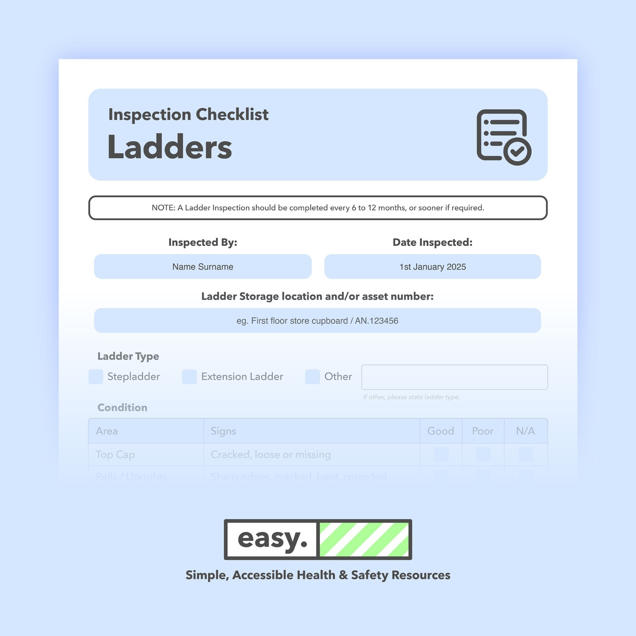 Ladder Inspection Checklist Template Form for Small Business, Health ...