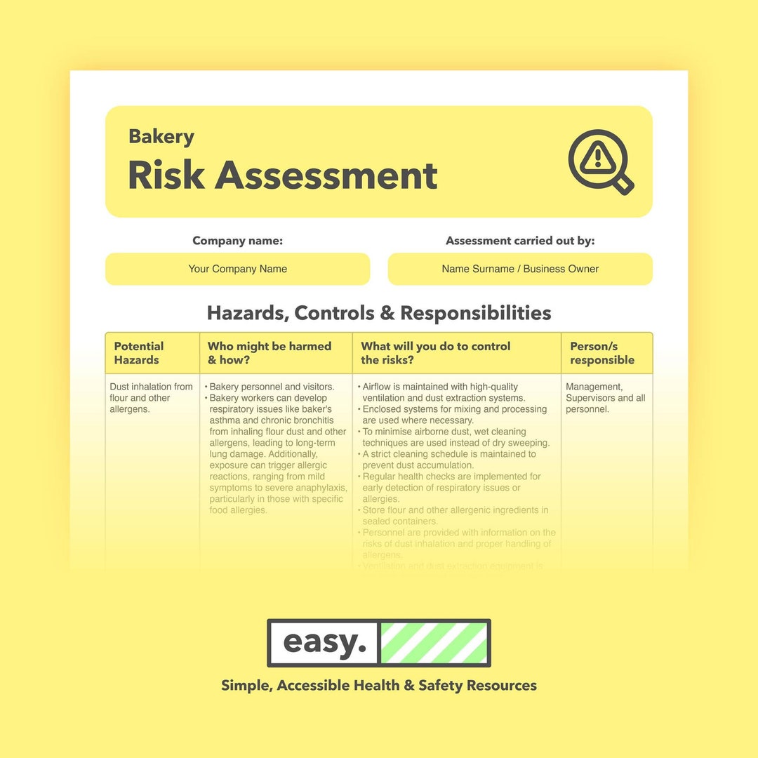 Bakery Risk Assessment, Cake Shop & Patisserie, Simple Health and ...