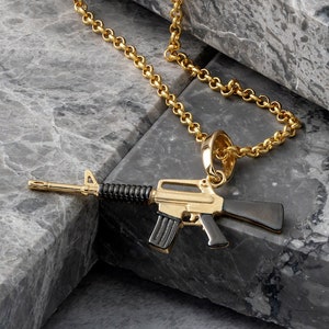 Men's 14K Solid Gold Machine Gun Charm Pendant, 14K Gold Rifle Charm ...