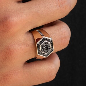 14K Solid Gold Chunky Rings for Men, 14K Yellow Gold Black Zirconia ...