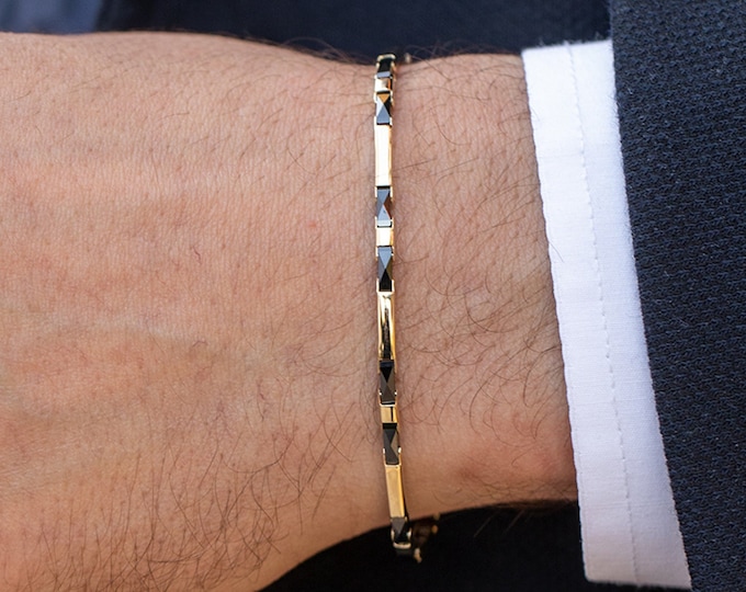 14K Real Gold Men Link Bracelet Solid Yellow Gold & Black - Etsy