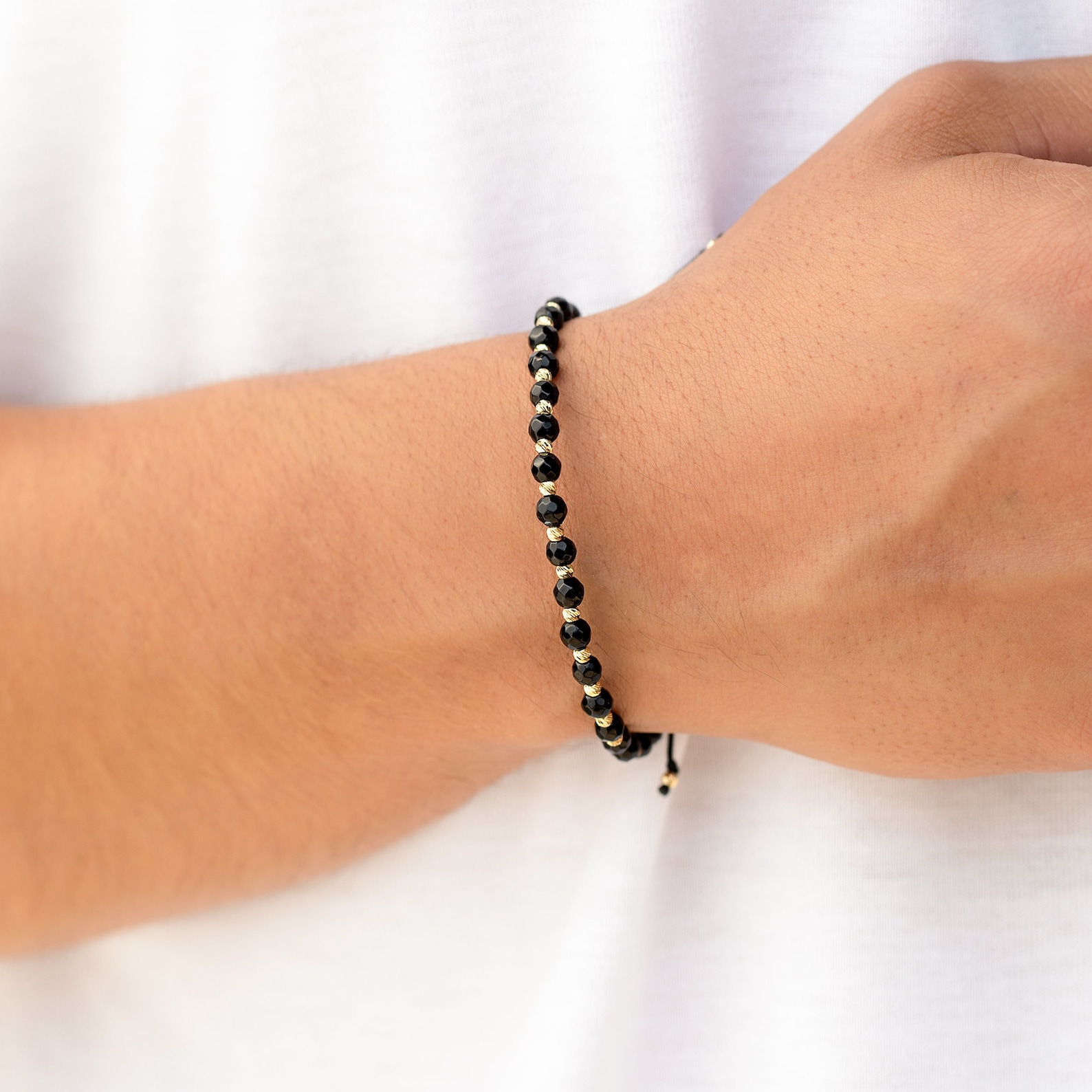 Black Onyx and 14K Real Gold Diamond Cut Beads Bracelet, Faceted Onyx ...