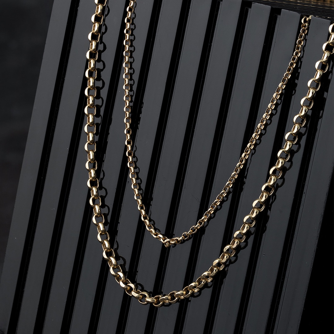 14k Solid Gold Rolo Chain With Faceted Links, Real Gold Jewelry, Men's ...