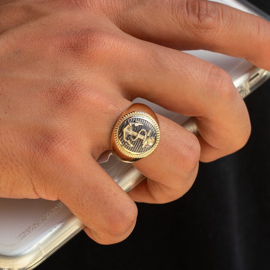 14K Solid Gold Nautical Men's Ring, Anchor Signet Men's Ring, Real Gold ...