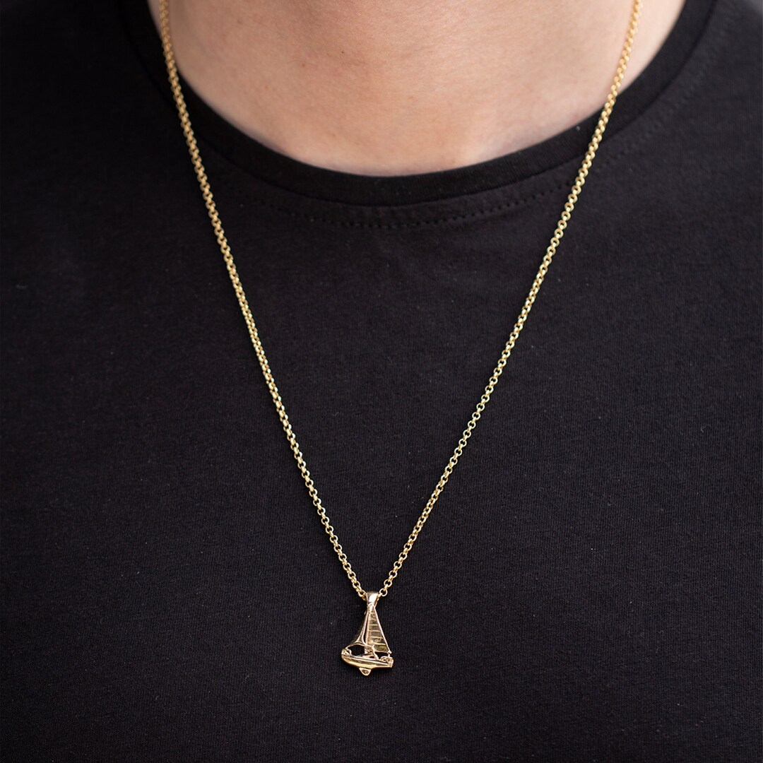 Men's 14K Solid Gold Sailing Boat Pendant/nautical Marine Necklace for ...