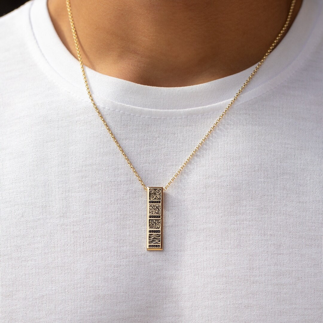 Men's Solid Gold Necklace 14K Gold Bar Pendant Four - Etsy