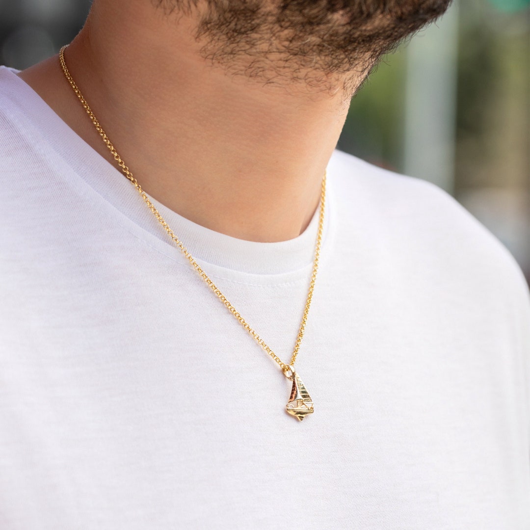 Men's 14K Real Gold Sailing Boat Pendant/nautical Marine Necklace for ...