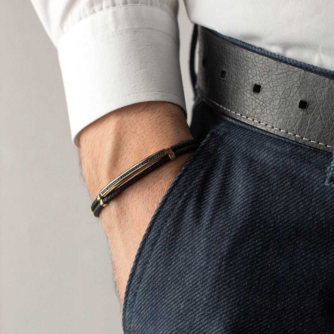 Designer's Men's Gold Bracelet, 14K Solid Gold Black Rope Men Bracelet ...