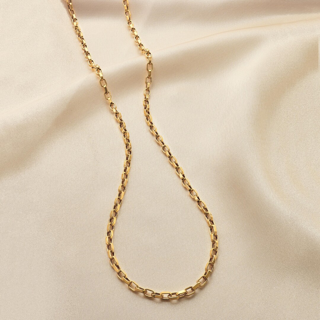 14K Yellow Gold Thick Rectangle Box Chain, Gold Layering Elongated Link ...